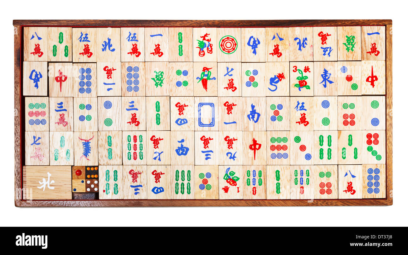 top view of set of wooden mahjong game tiles in box isolated on white ...