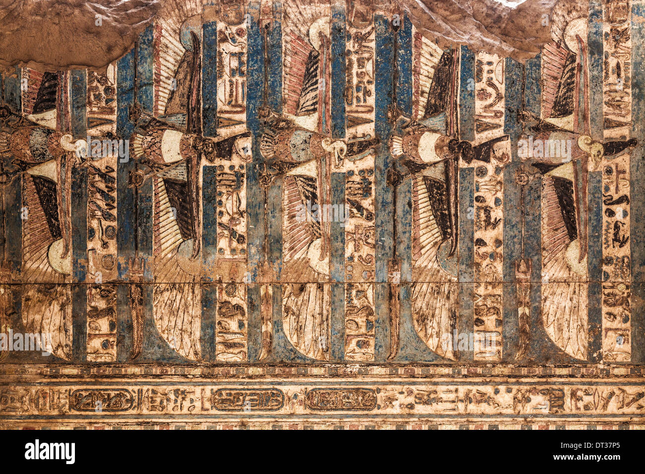 Colourful paintings on a ceiling at the Ancient Egyptian Temple at Kom ...