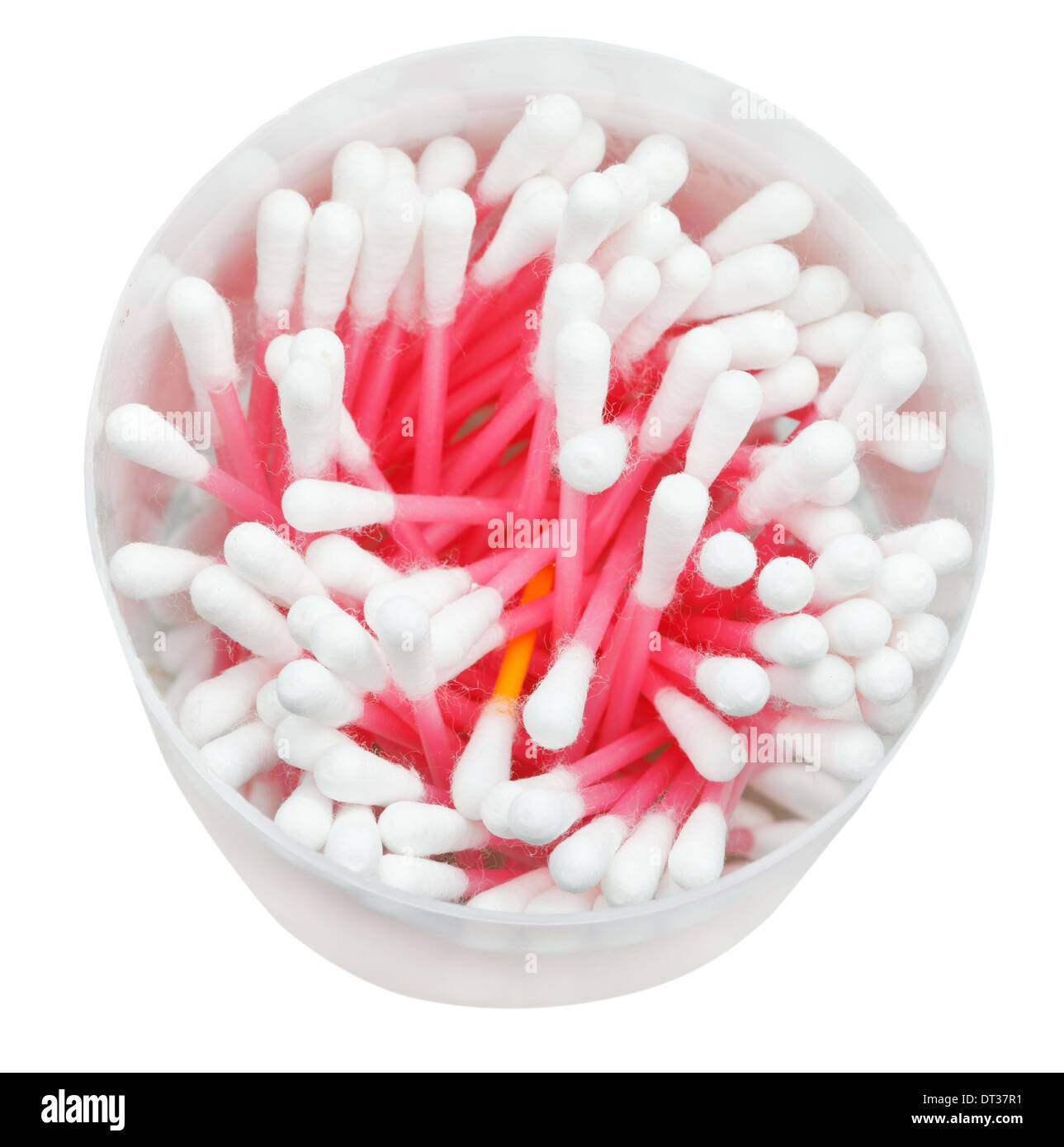Many pink cotton swabs in round container isolated on white background ...