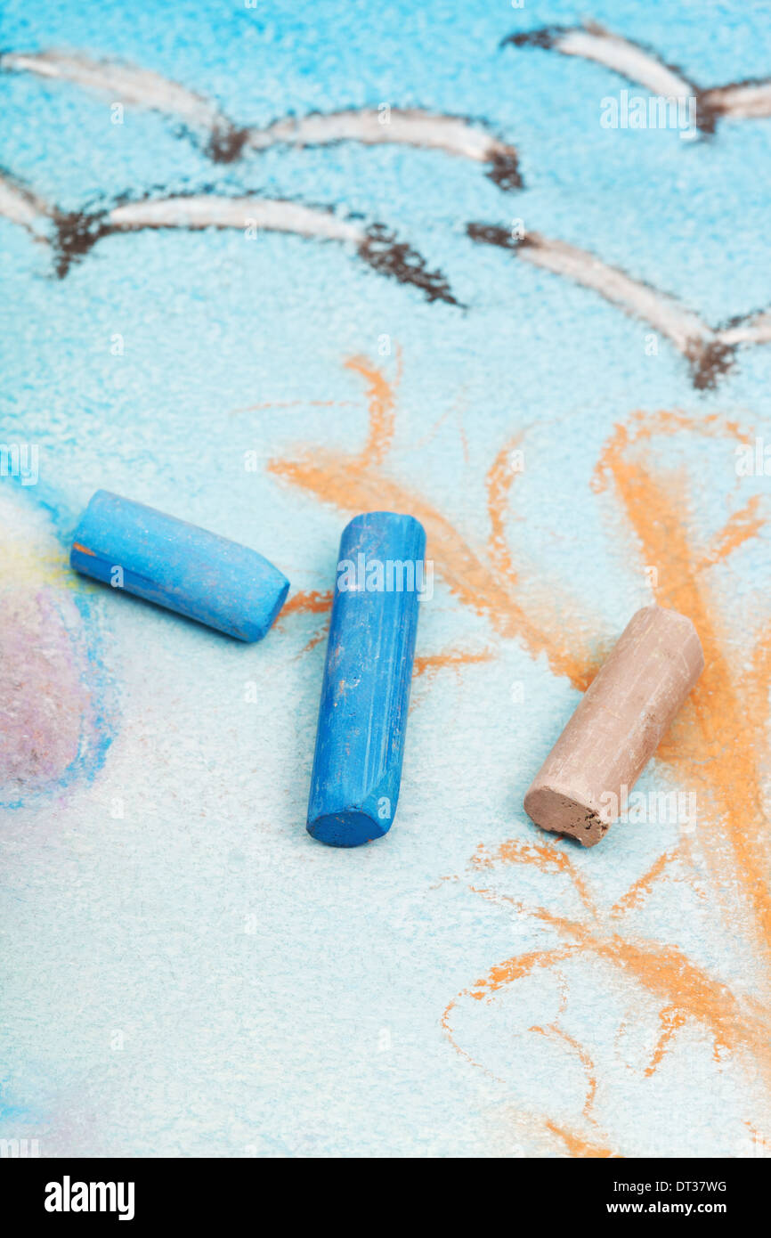 used sticks of dry pastel on drawing picture of autumn scenery Stock ...