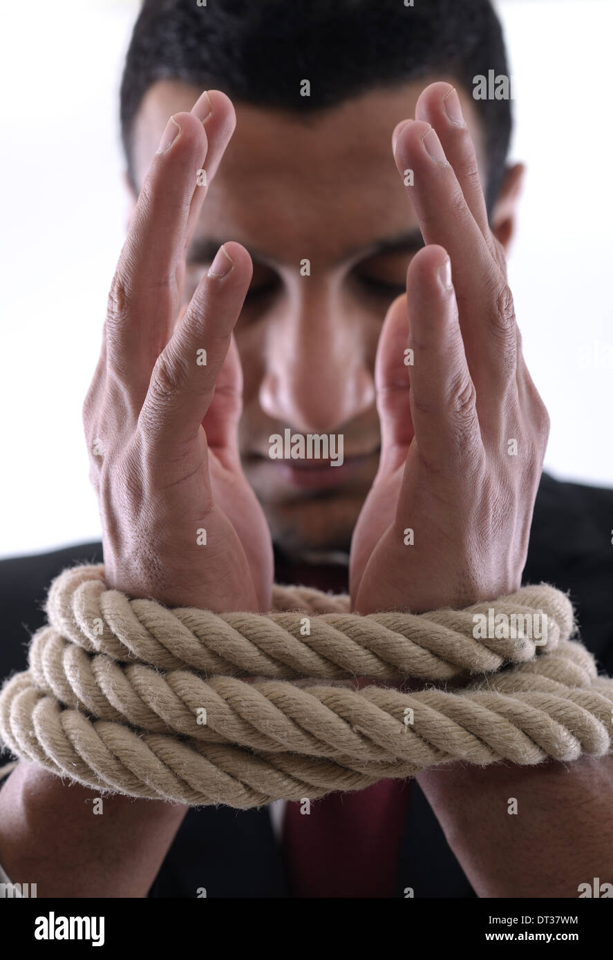 business man with rope isolated on white background Stock Photo - Alamy