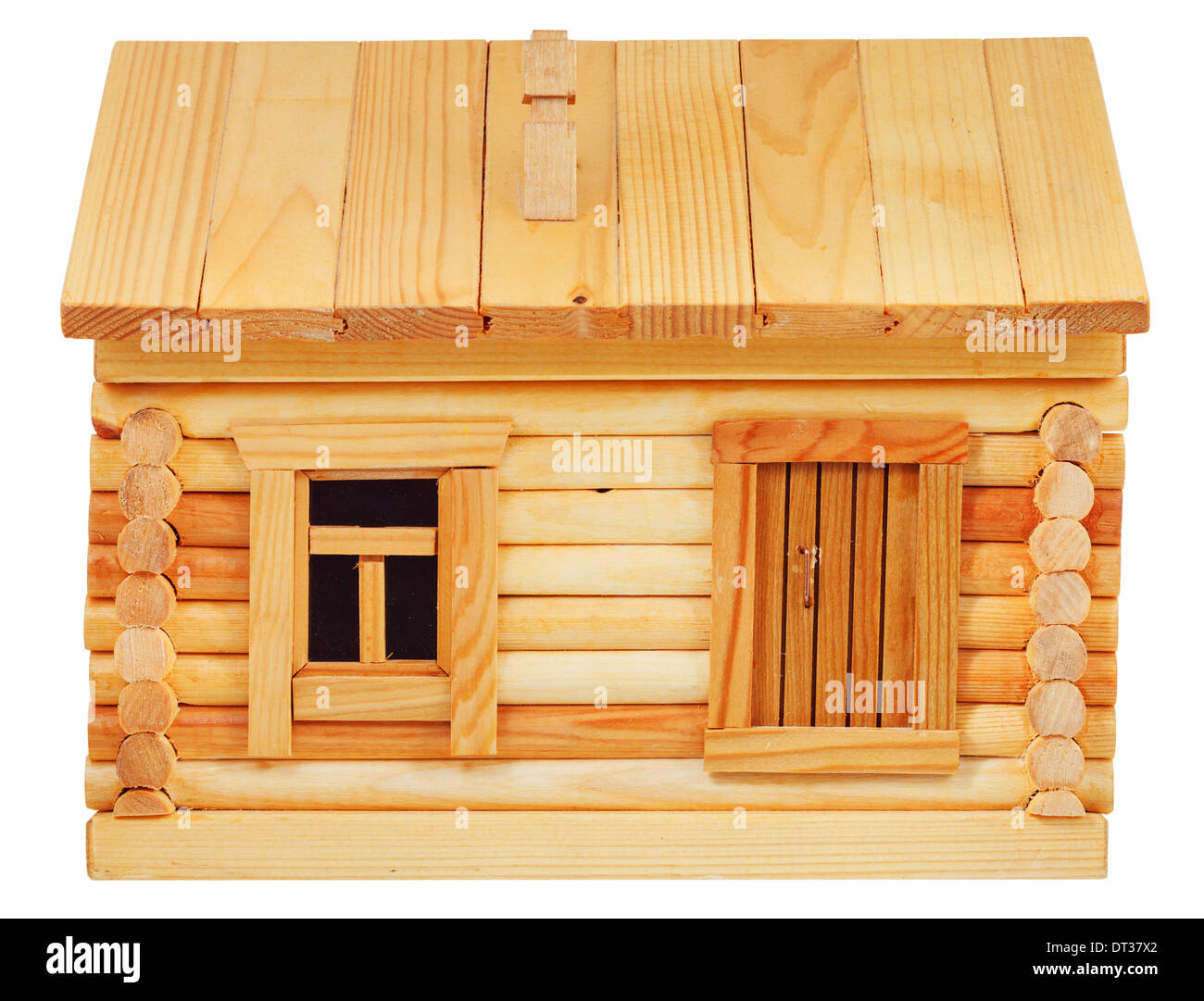 facade of model of simple village wooden log house isolated on white ...
