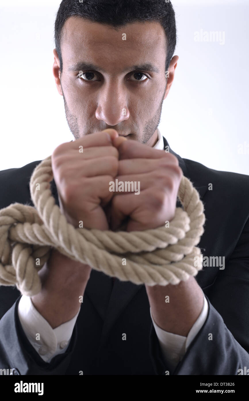 business man with rope isolated on white background Stock Photo - Alamy