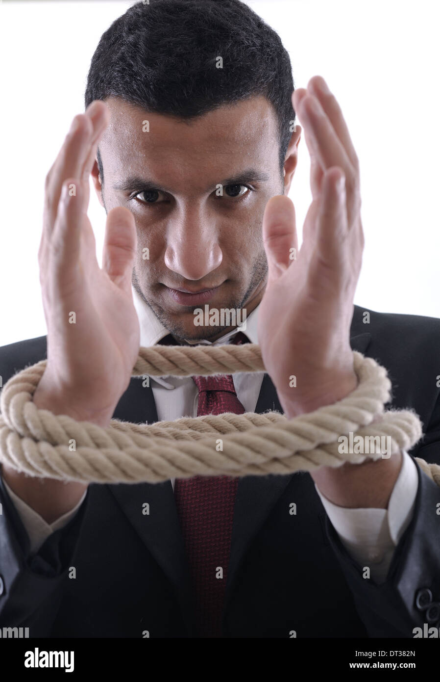 business man with rope isolated on white background Stock Photo - Alamy