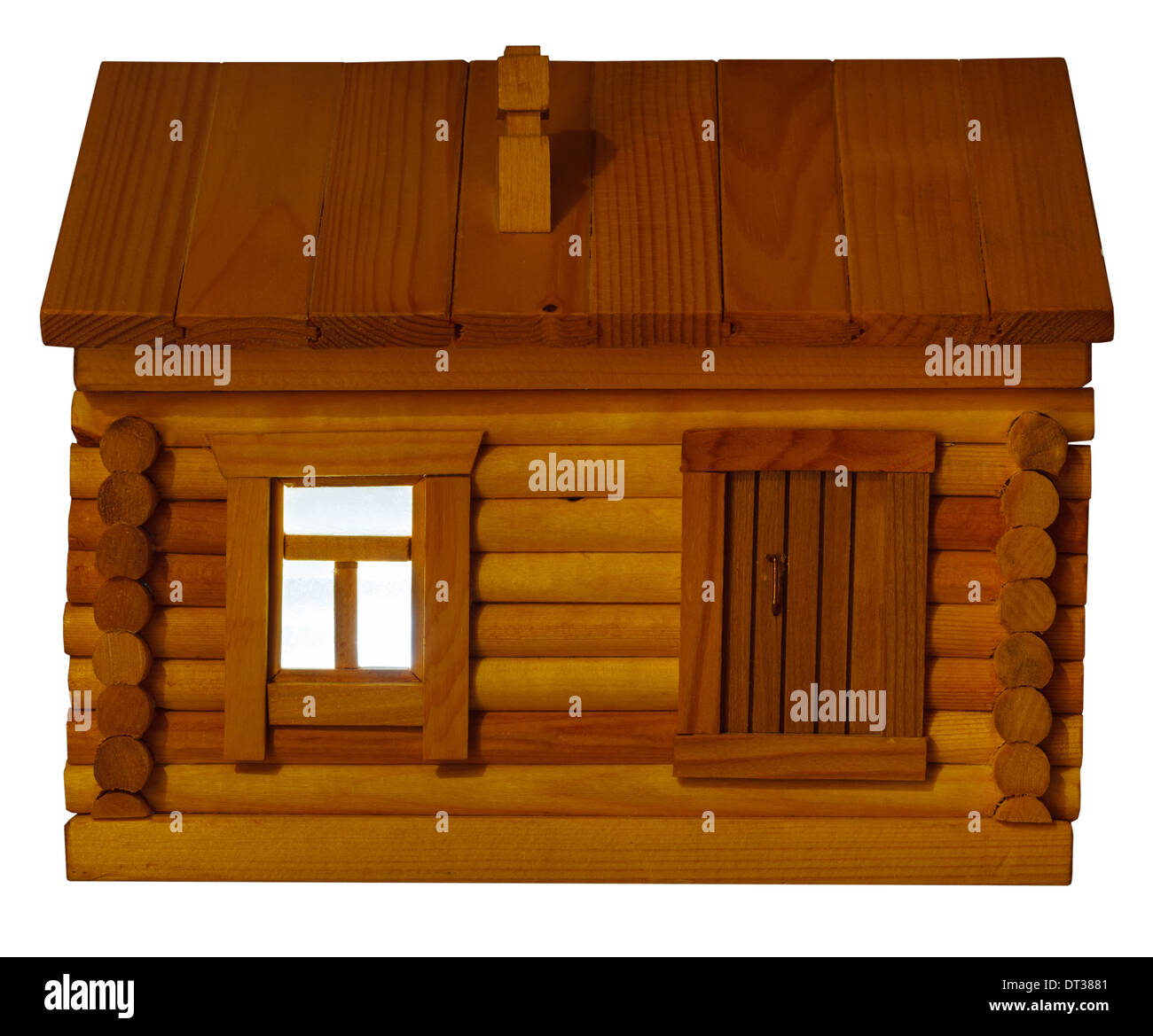 front view of model of village wooden log house at night isolated on ...