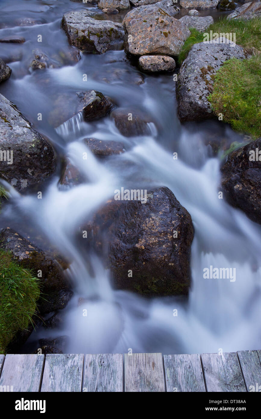 Long exposure of water stream viewed from wooden bridge Stock Photo - Alamy