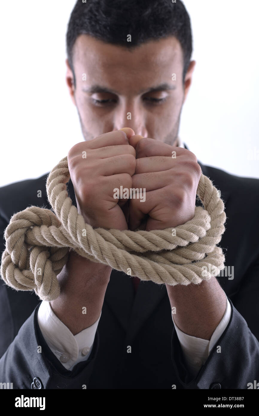 business man with rope isolated on white background Stock Photo - Alamy