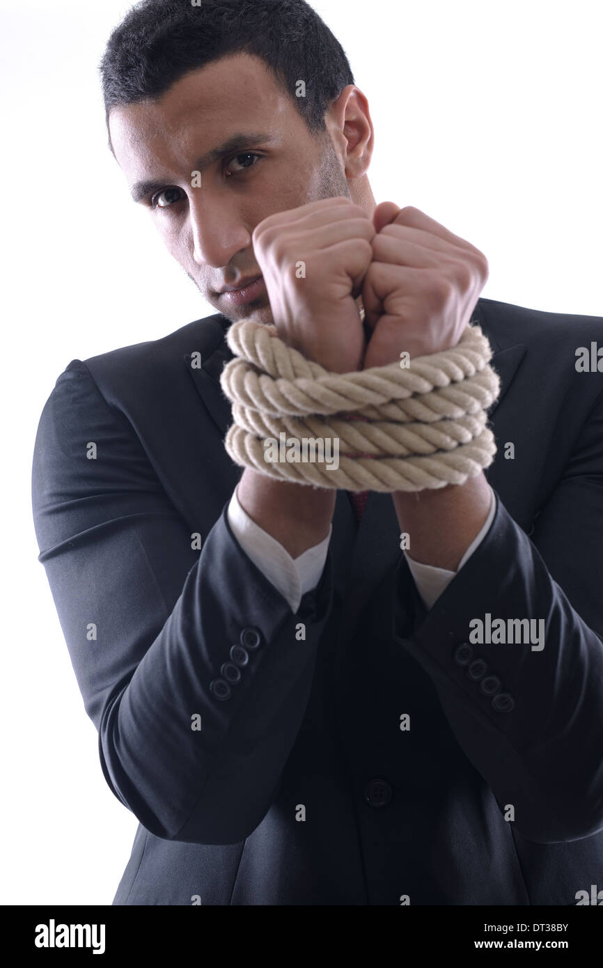 business man with rope isolated on white background Stock Photo - Alamy