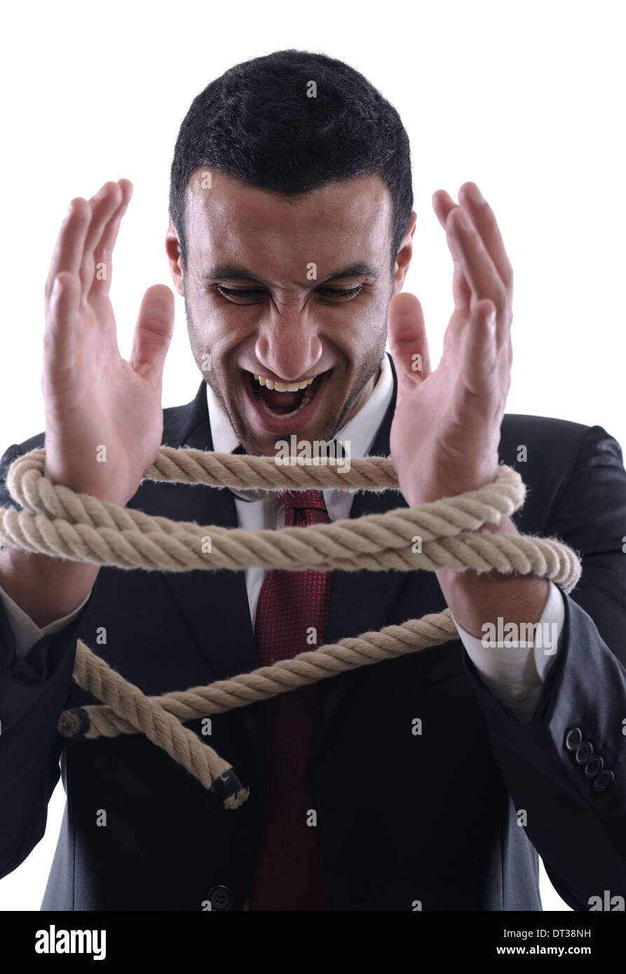 business man with rope isolated on white background Stock Photo - Alamy