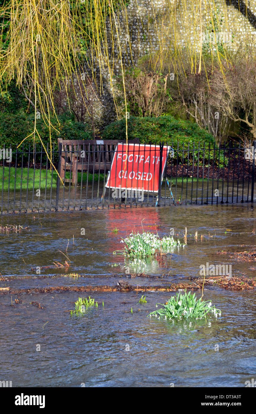 River Itchen in flood along The Weirs in Winchester, February 2014. The ...