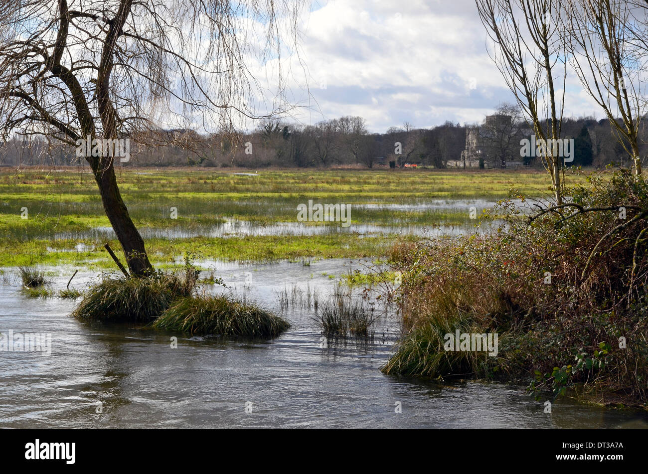 River Itchen in flood and flowing onto the flood plain at St Cross ...