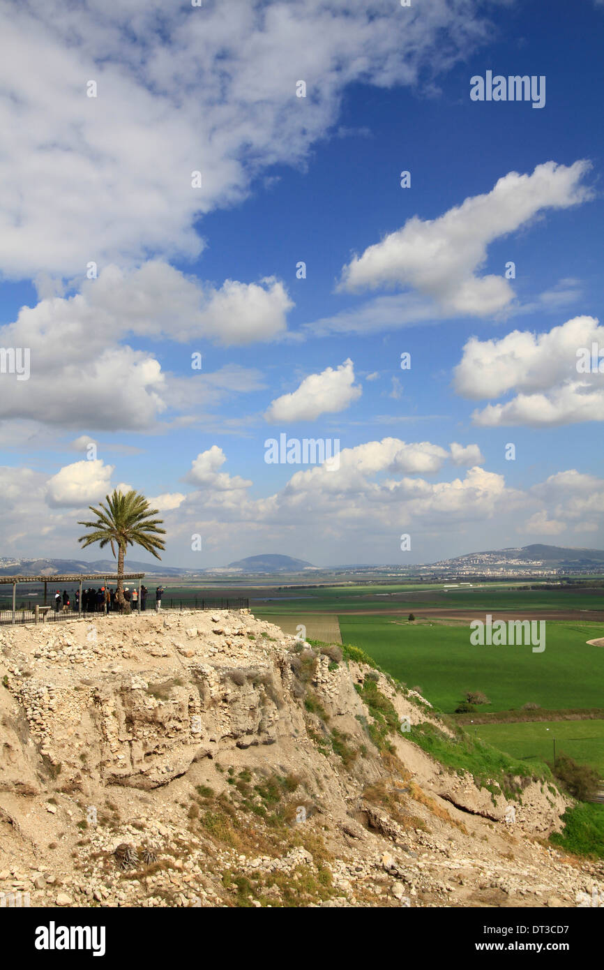 The biblical Tel Megiddo overlooking Jezreel Valley, Mount Tabor is in ...
