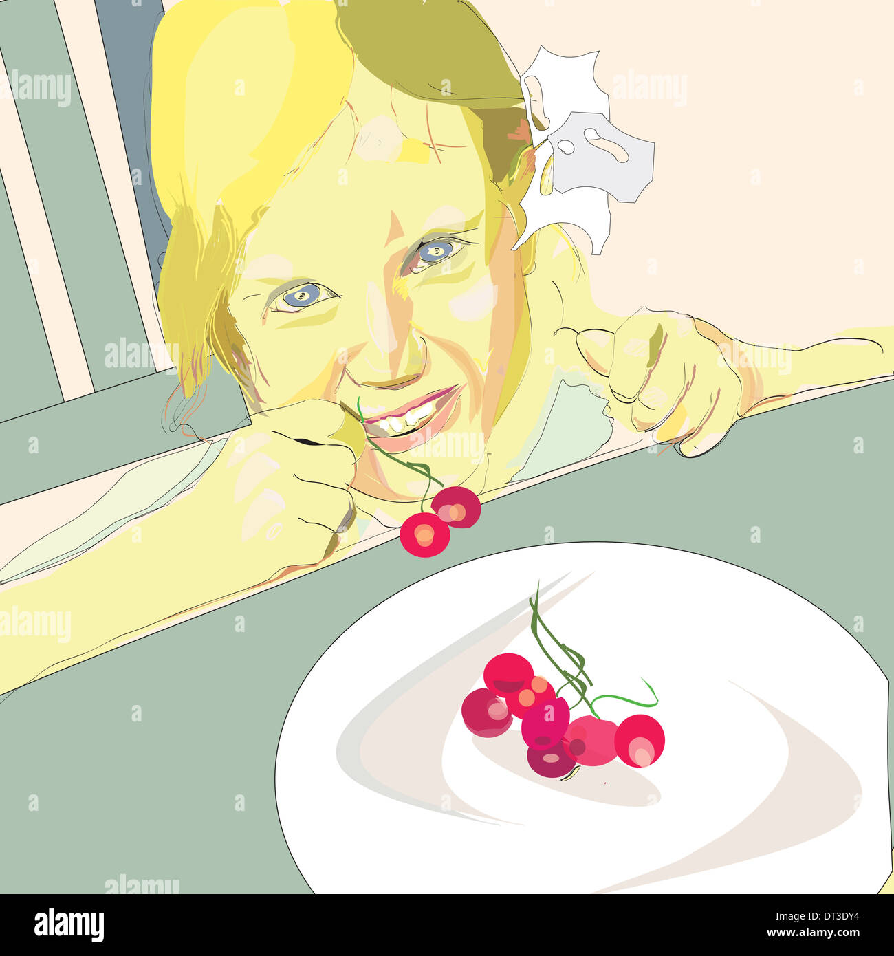 illustration of a cute smiling girl eating cherry Stock Photo - Alamy