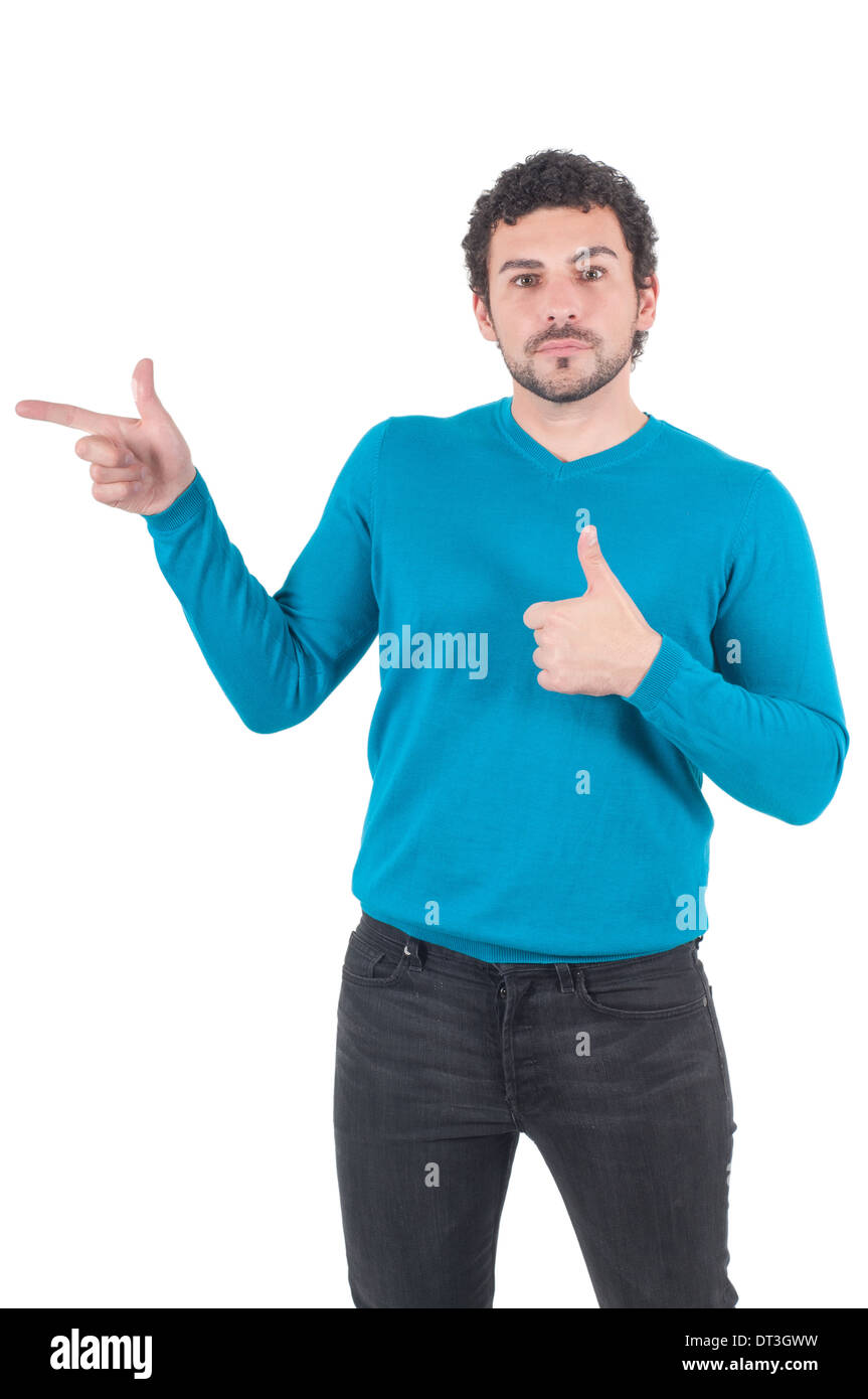 Male in blue pointing to somewhere Stock Photo - Alamy