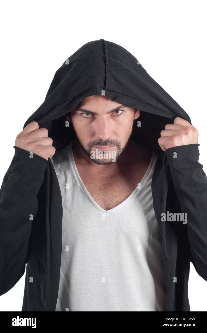 Portrait of a young angry man in the hood Stock Photo - Alamy