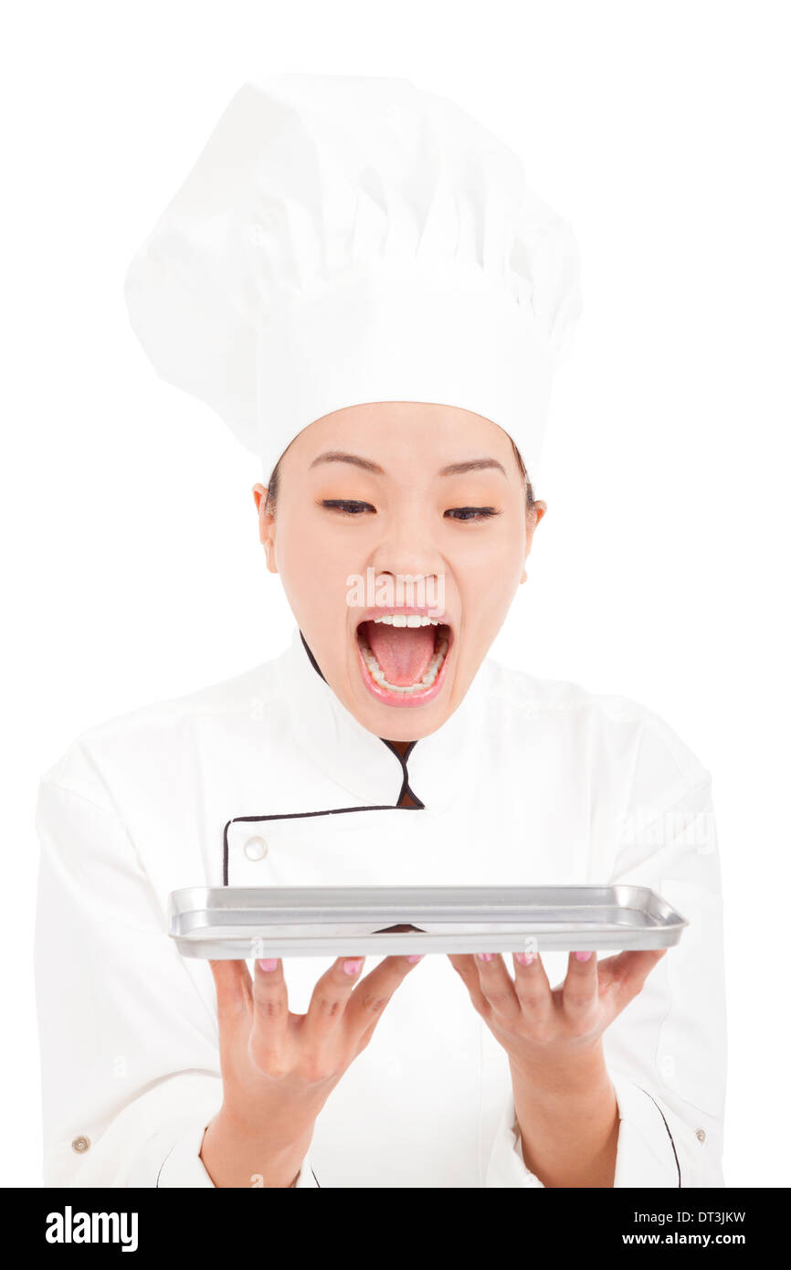 beautiful woman chef screaming and holding tray on white Stock Photo ...