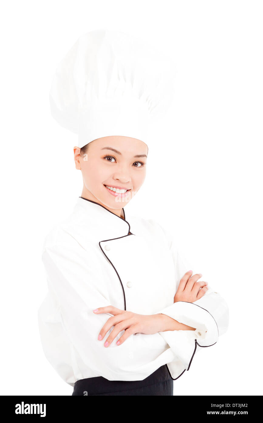asian young pretty woman chef standing in studio and white background ...