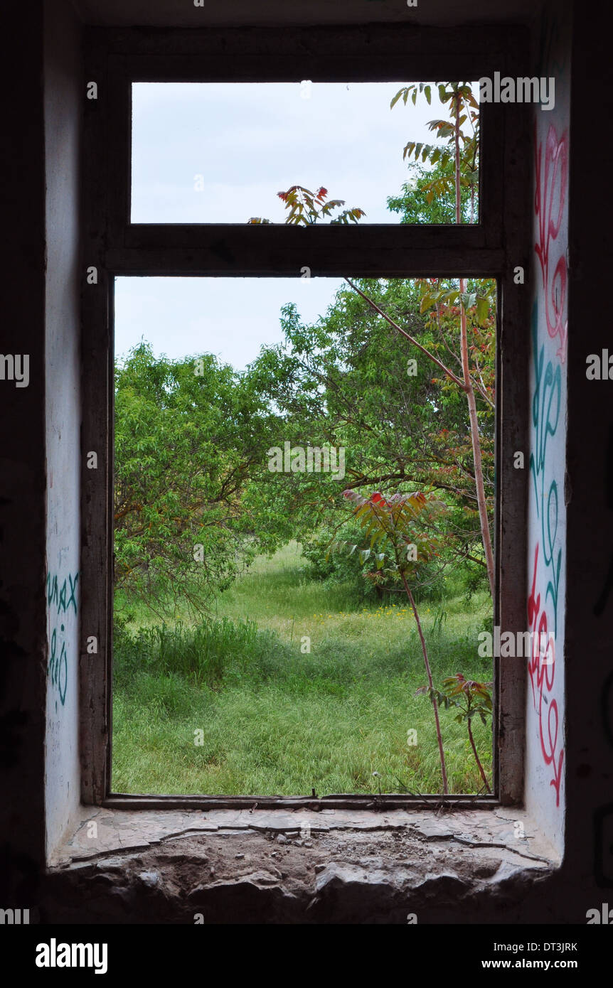 Abandoned house window frame with view to nature scene. Abstract ...