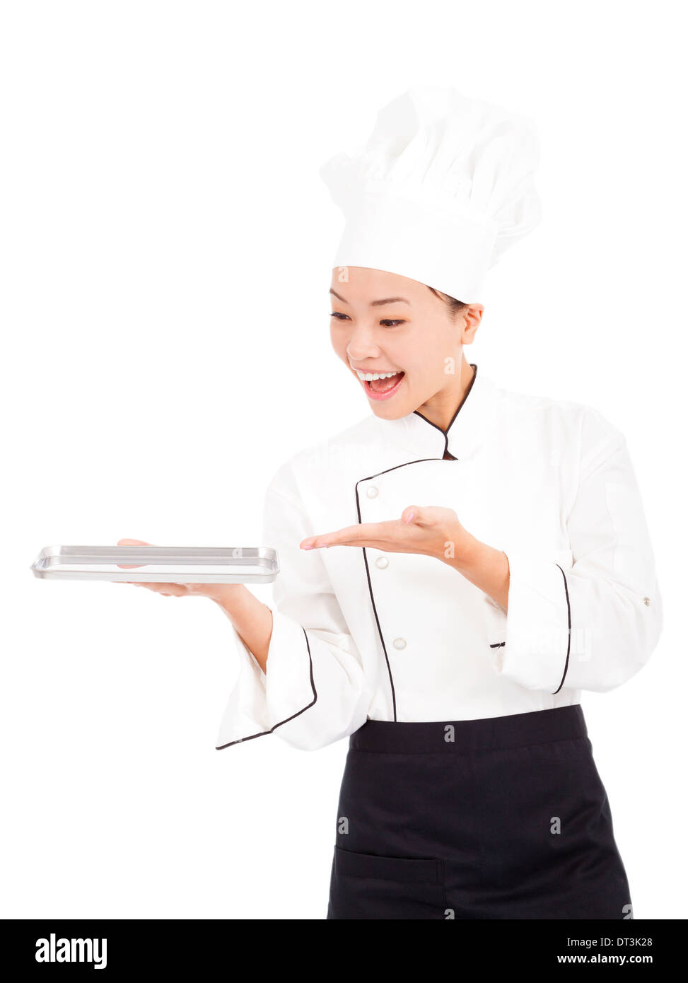 asian woman chef holding tray and showing on white Stock Photo - Alamy