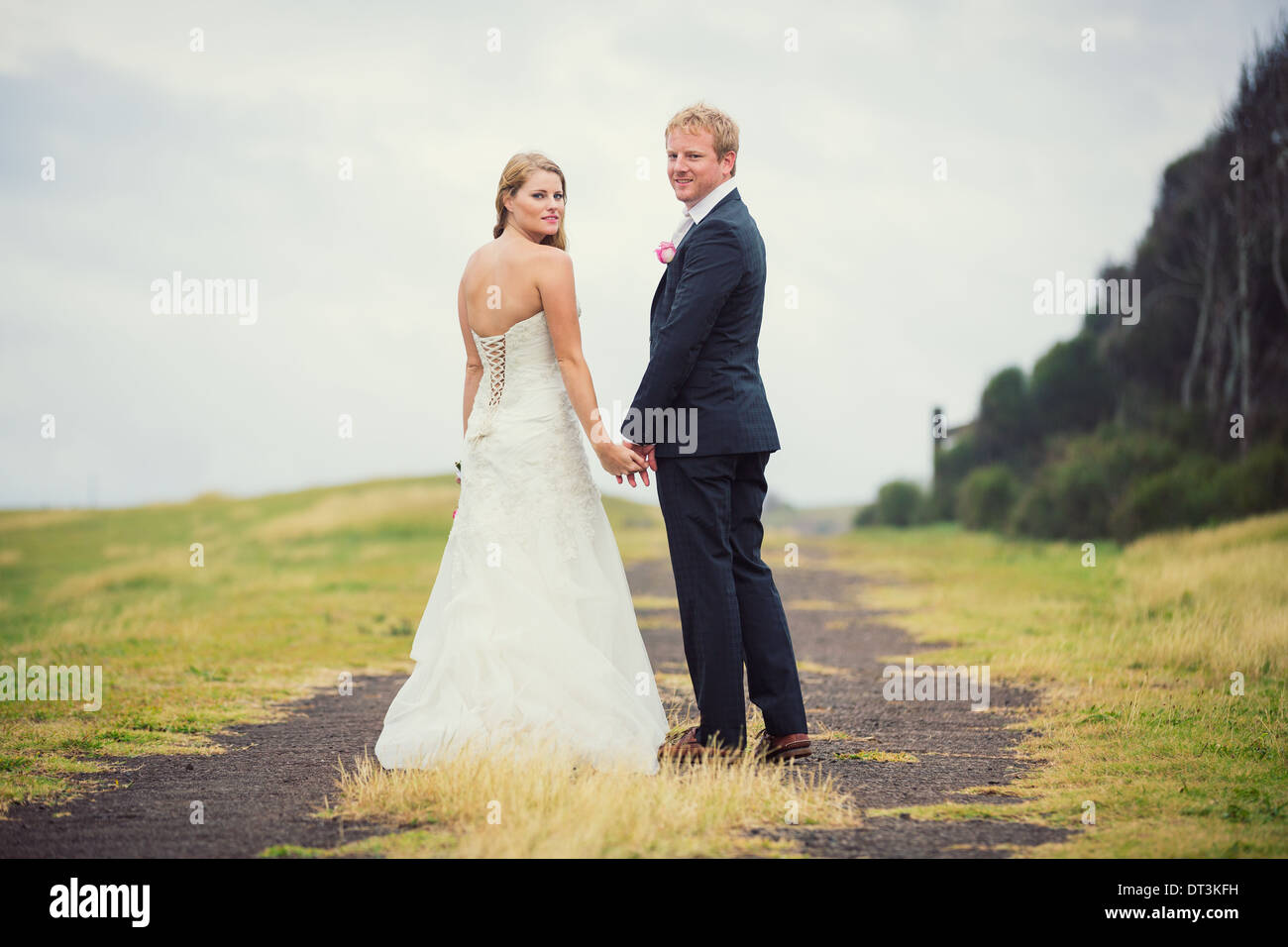 Wedding Couple in the Countryside, Happy Romantic Bride and Groom Stock ...