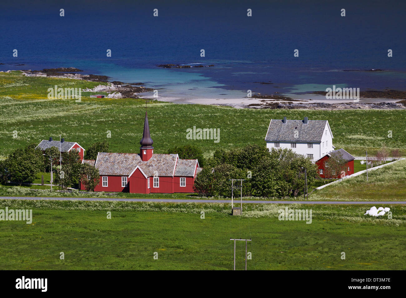 Red wooden church in Flakstad, famous landmark and tourist destination ...