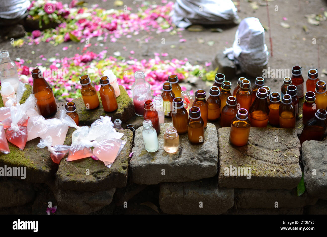 Traditional liquor called Badek contained in bottles at the tomb of ...