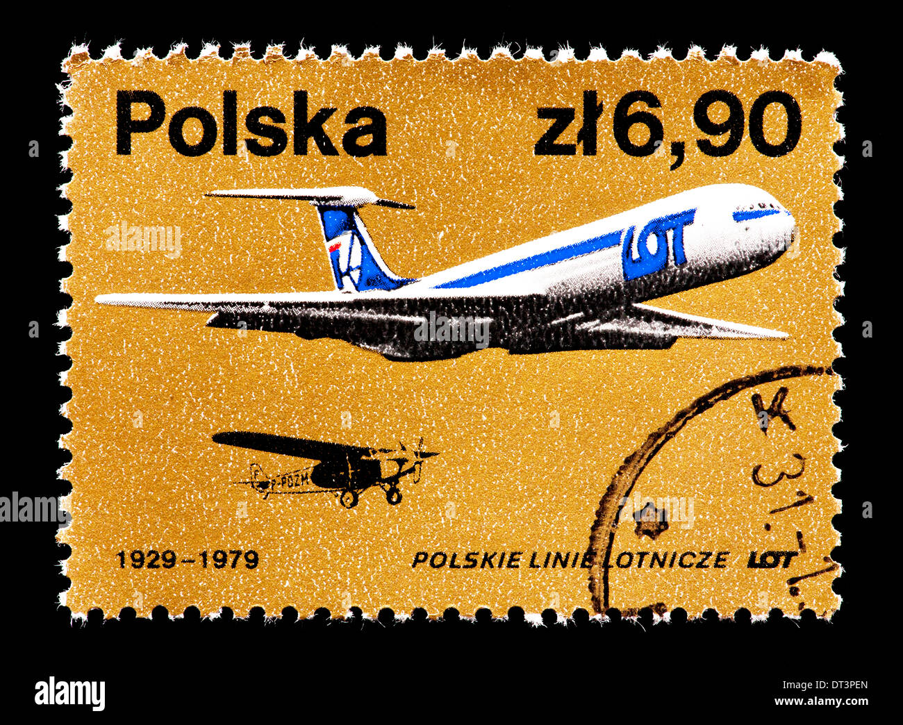Postage stamp from Poland depicting LOT airplanes, issued for the 50'th ...