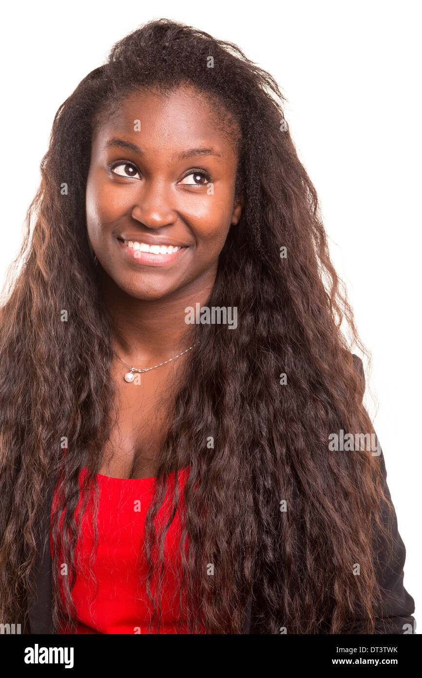 Beautiful young african woman posing isolated over white Stock Photo ...