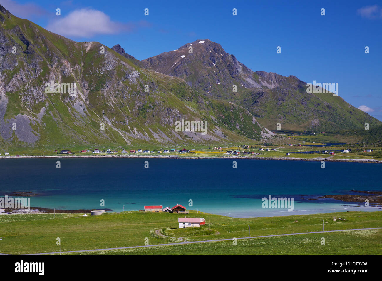 Picturesque fjord and village of Flakstad on Lofoten islands in Norway ...