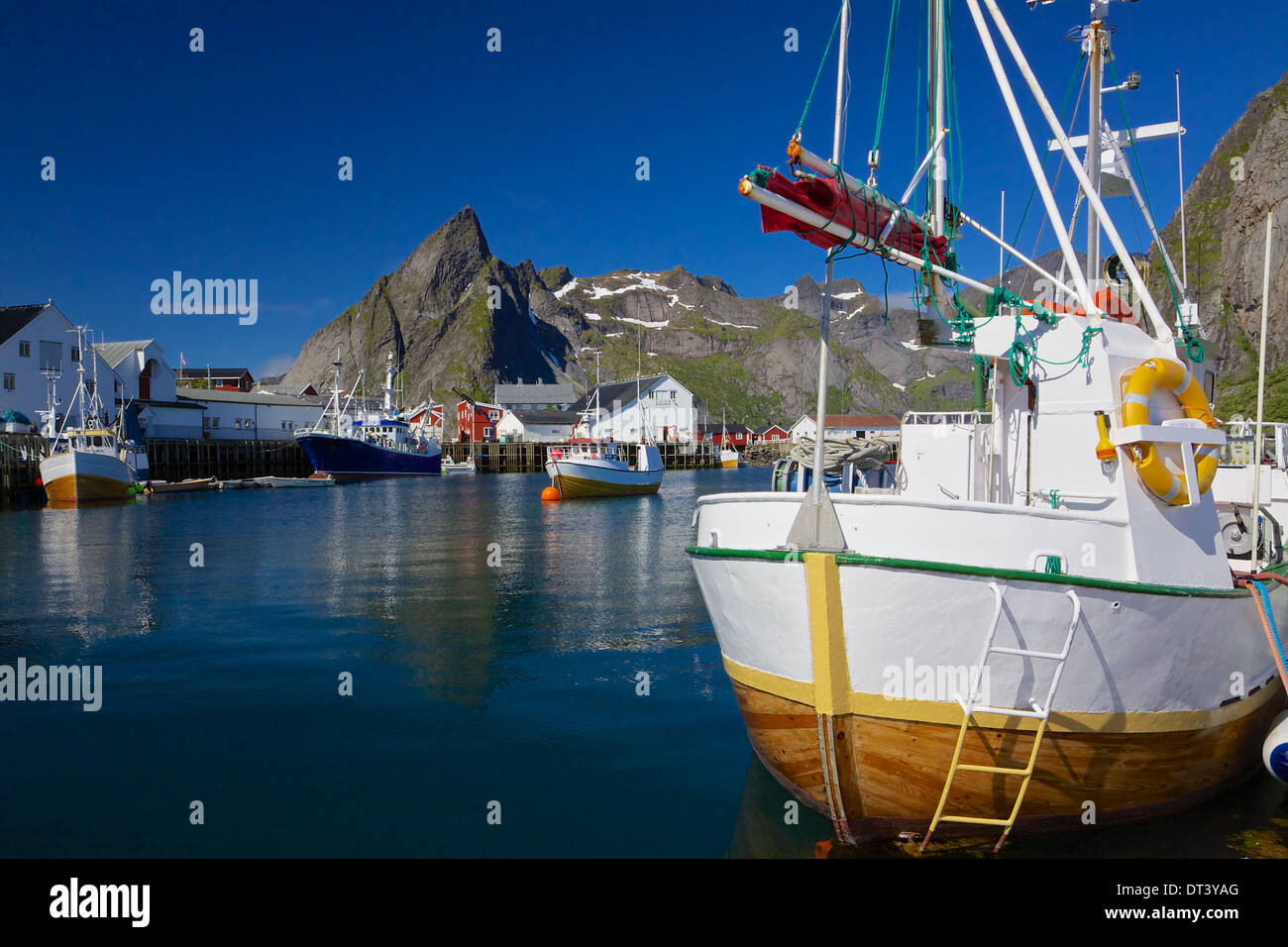 Traditional norwegian fishing boats in harbor on Lofoten islands Stock ...