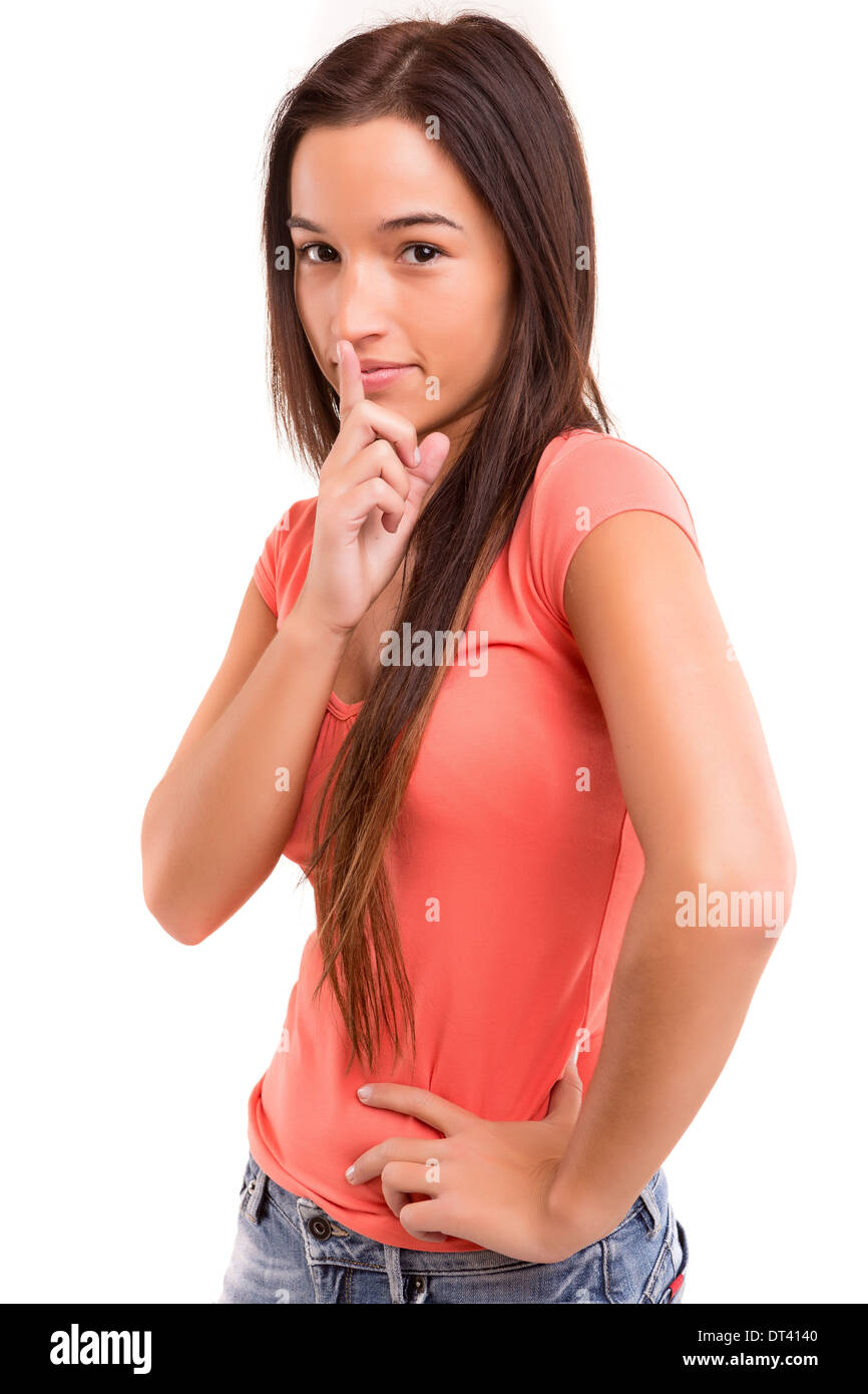 Beautiful asian woman asking for silence or less noise Stock Photo - Alamy