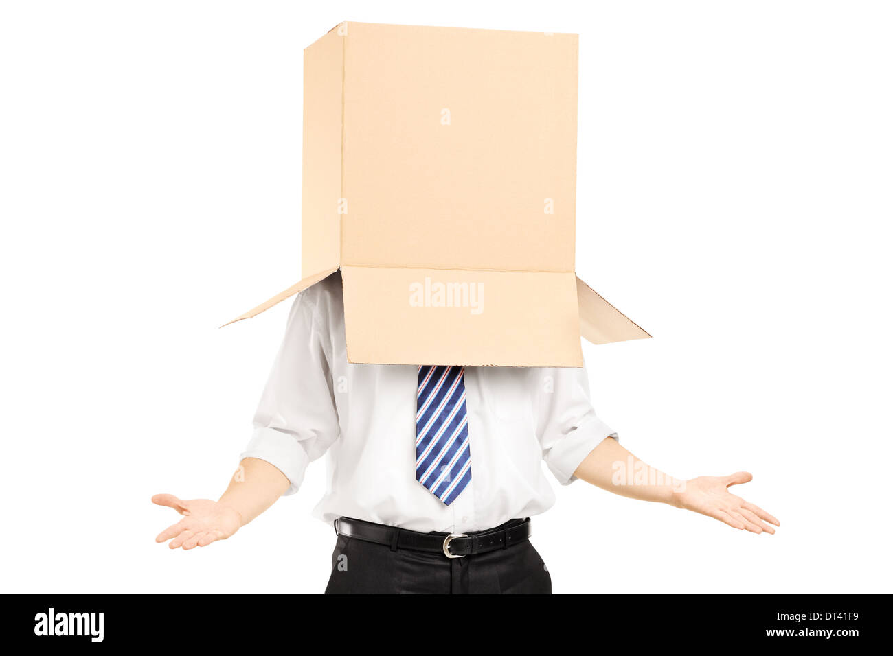 Man standing and gesturing with a cardboard box on his head Stock Photo ...