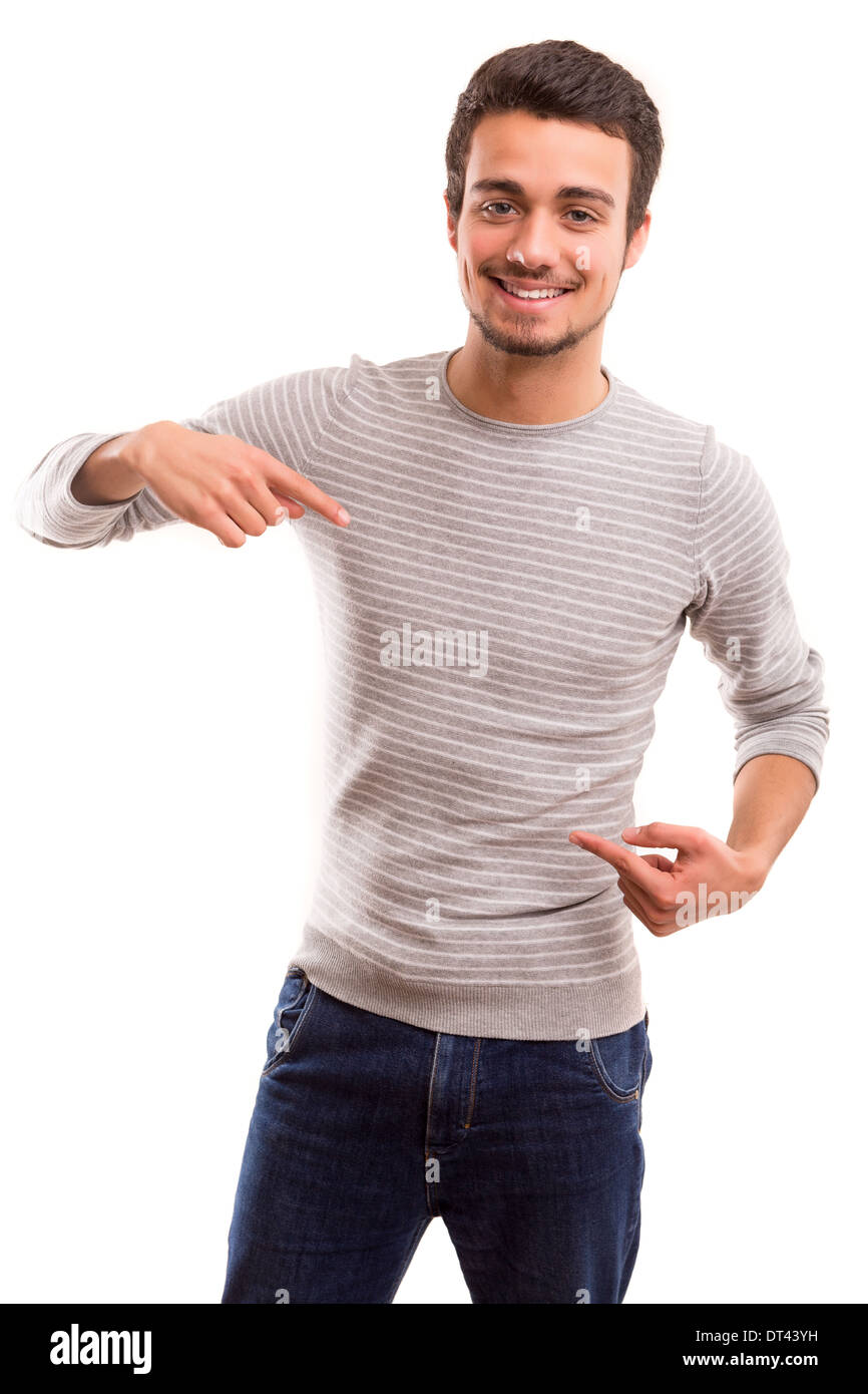 Young man presenting your product, isolated over a white background ...