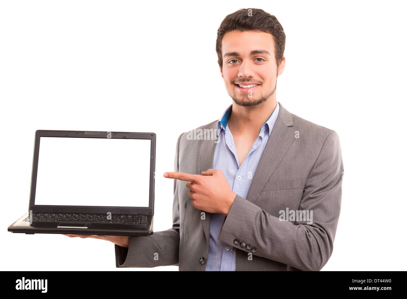 Young man presenting your product in a laptop computer Stock Photo - Alamy