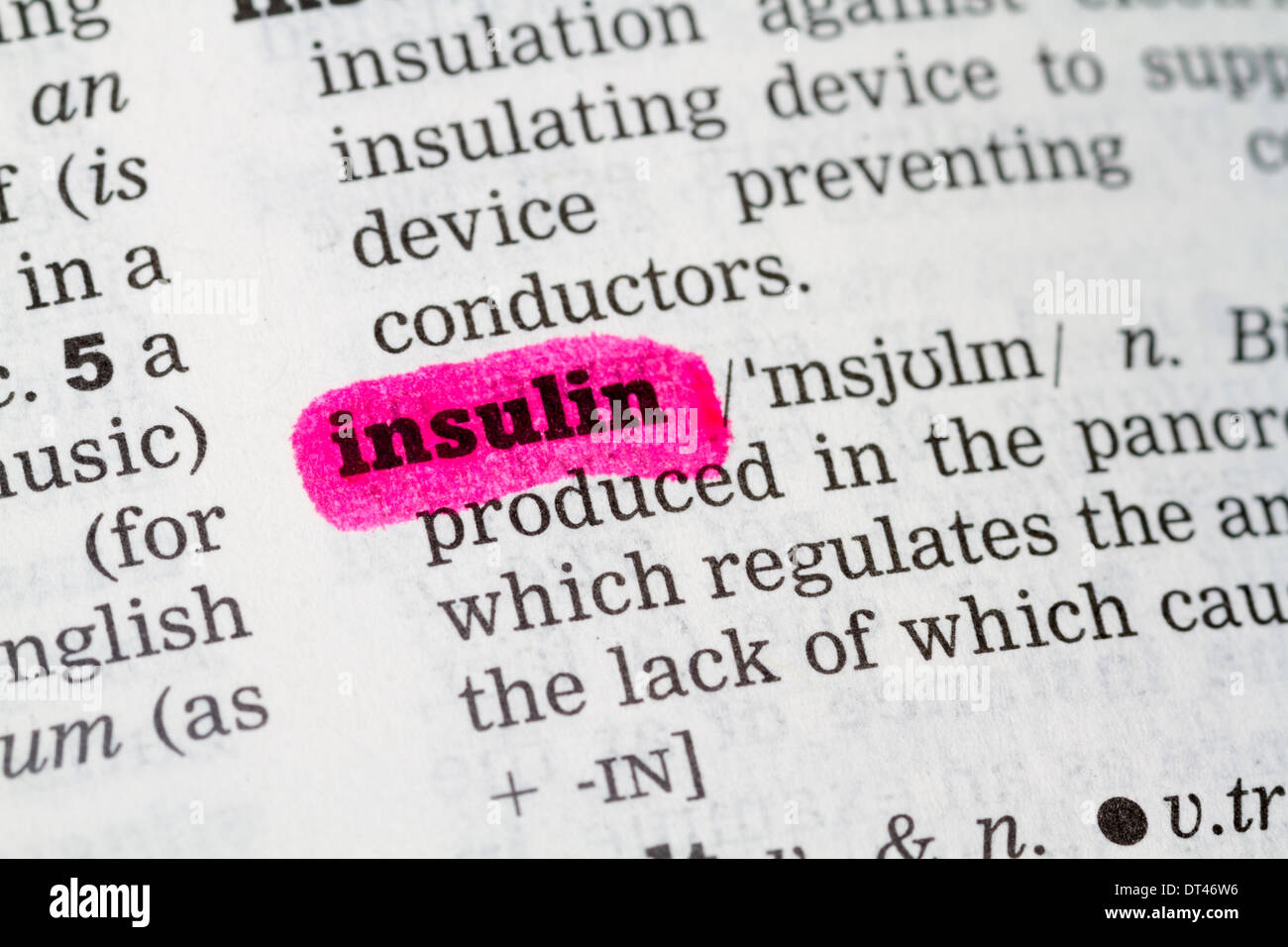 Insulin Dictionary Definition closeup highlighted in pink Stock Photo ...