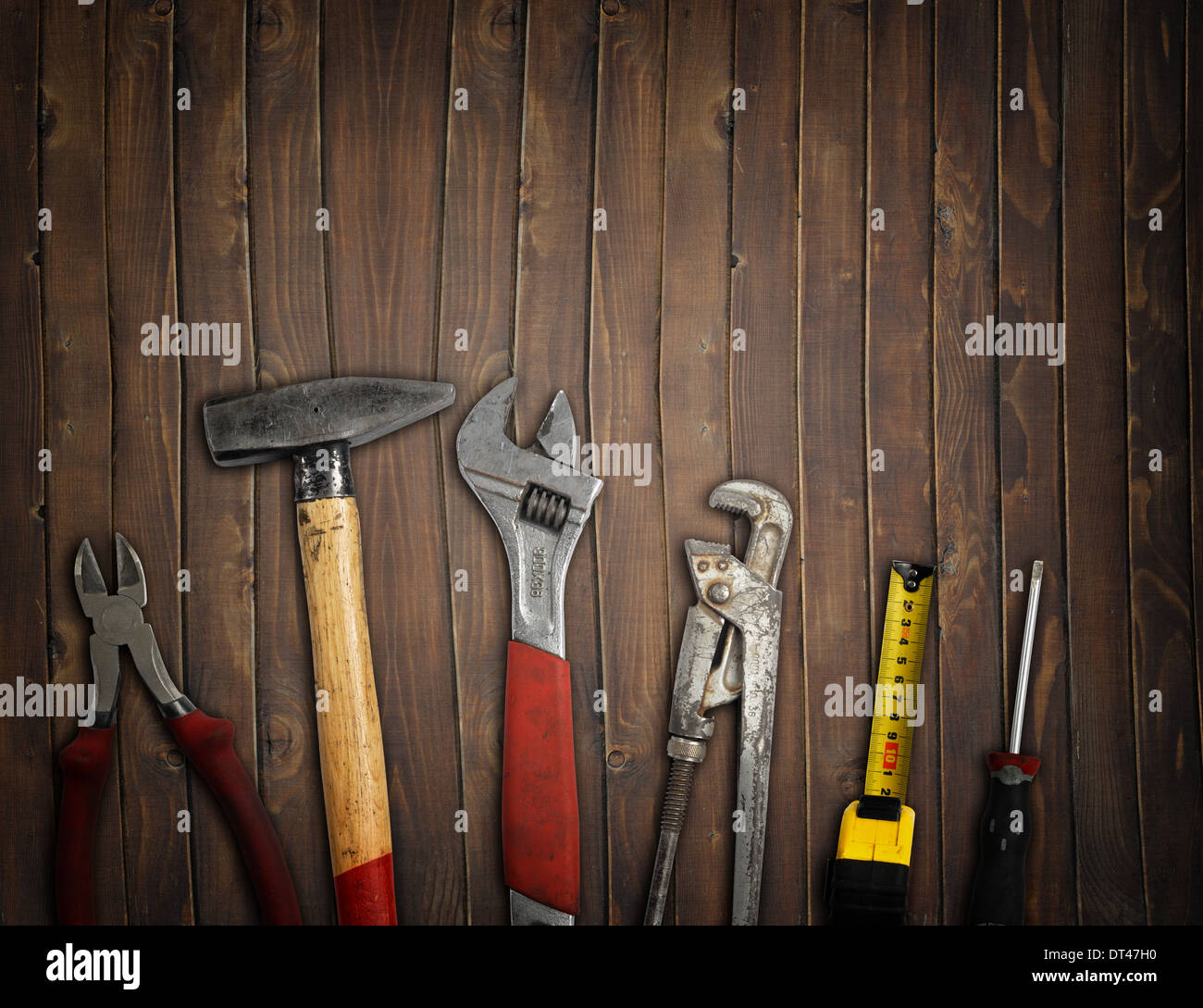 tools on wooden background Stock Photo - Alamy
