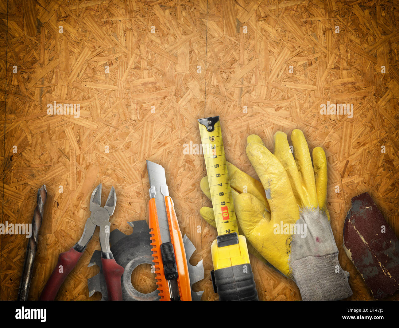 Set of tools over a wood panel Stock Photo - Alamy
