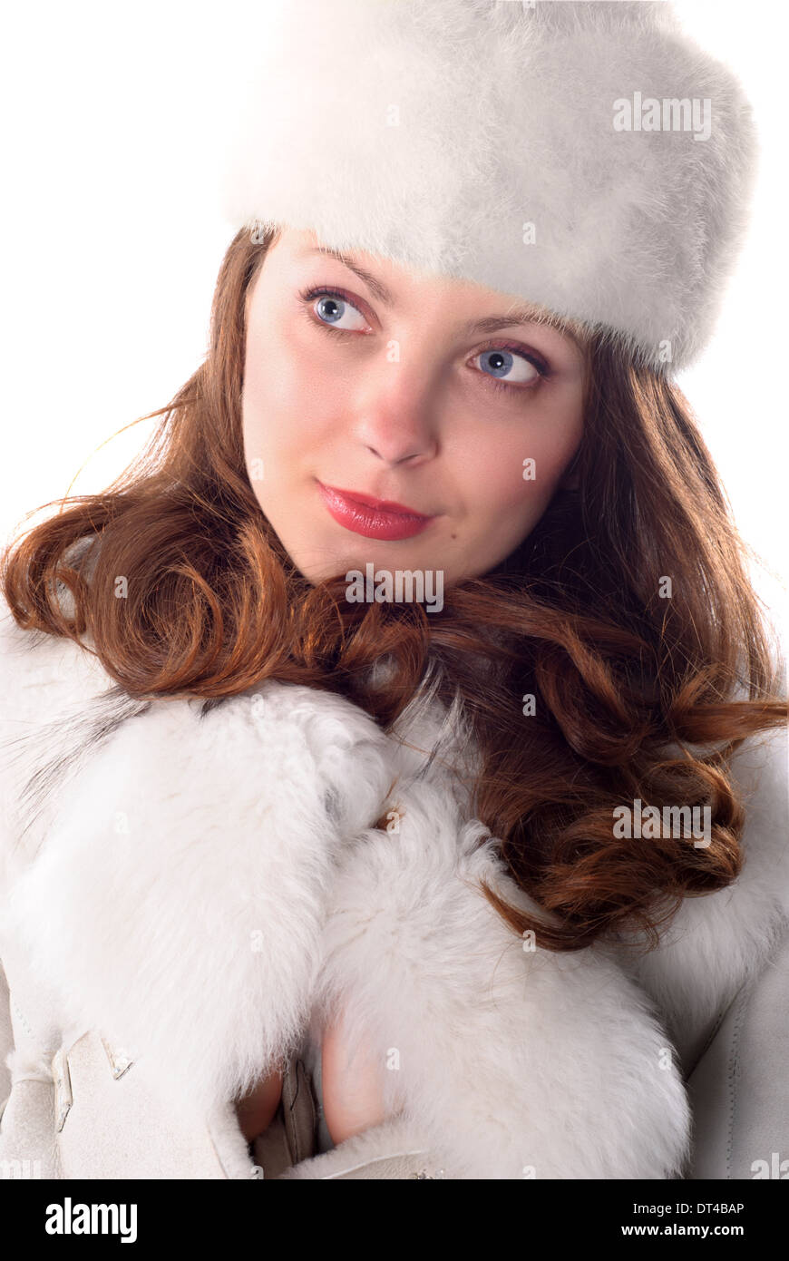Waman in white cap and coat isolated on white background Stock Photo ...