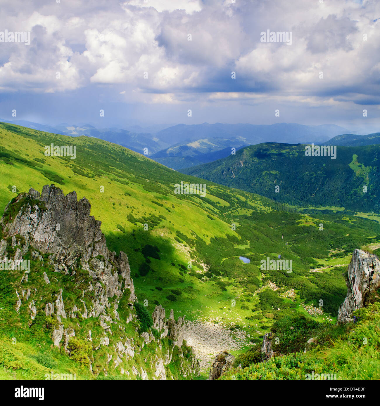 Beautiful blue sky and rock high up in Carpathian mountains, Czarnohora ...