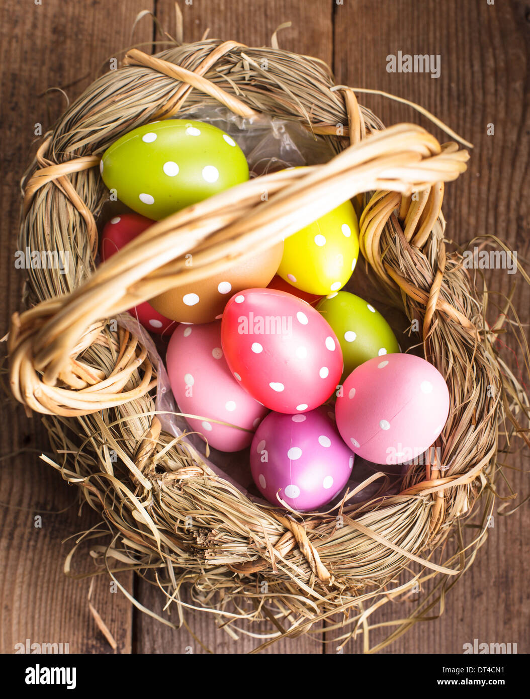 Colorful polka dot eggs in basket, Easter decorations Stock Photo - Alamy