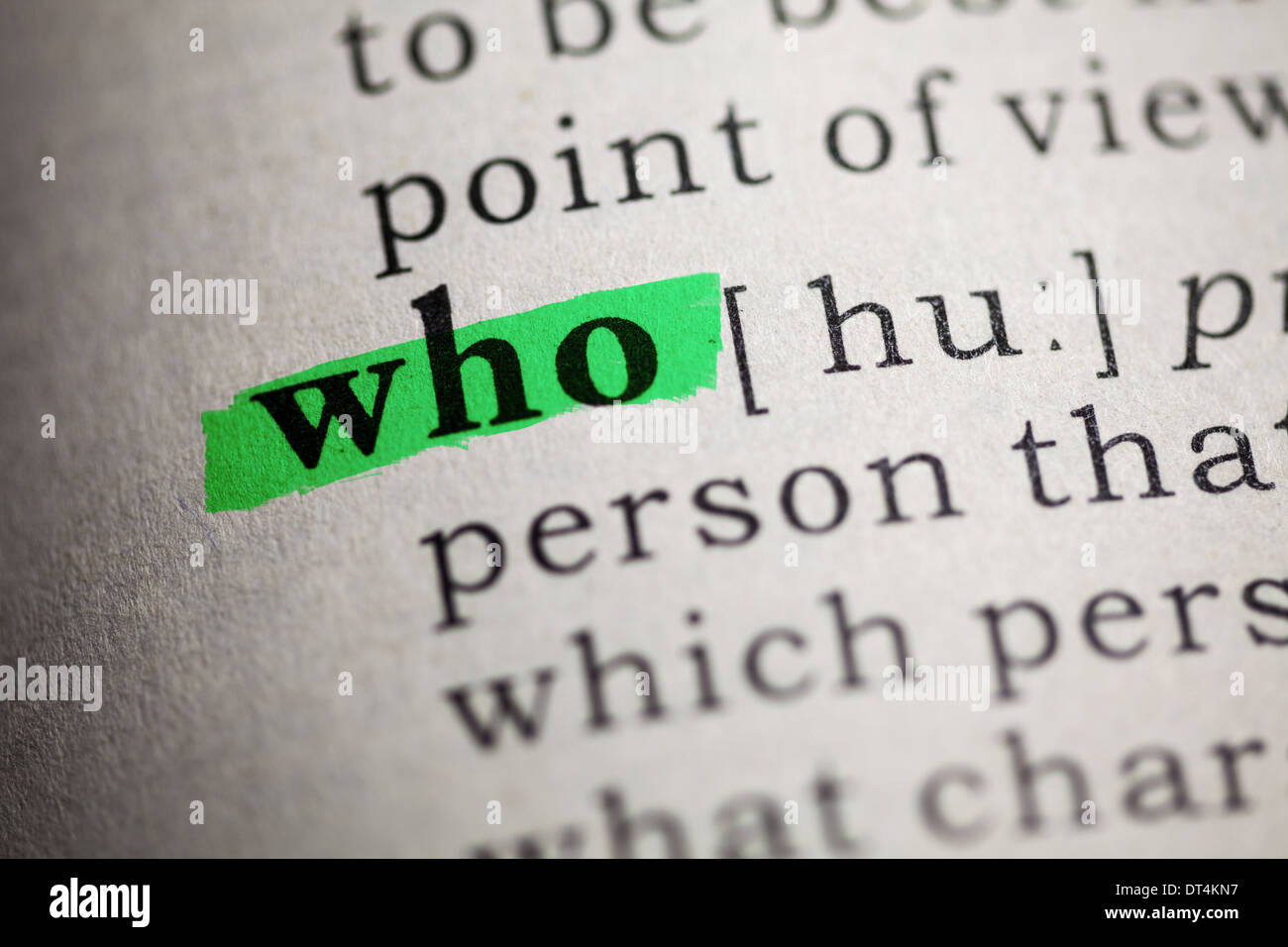 Fake Dictionary, Dictionary definition of the word who Stock Photo - Alamy