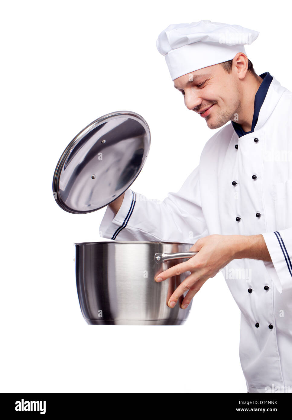 happy chief with pot in his hand isolated over white Stock Photo - Alamy