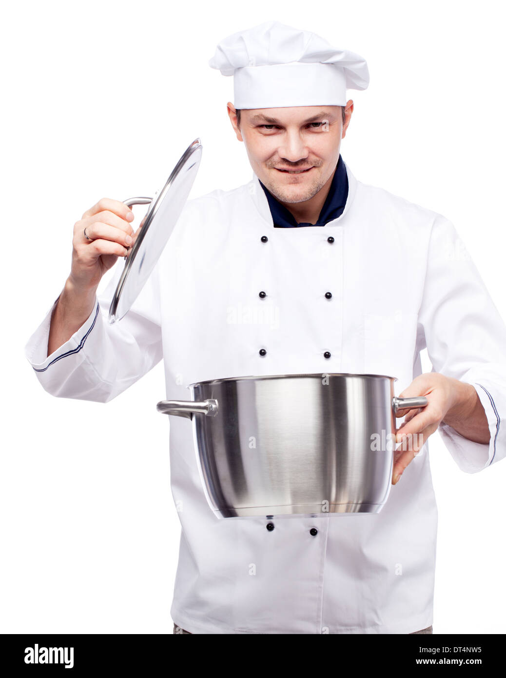 happy chief with pot in his hand isolated over white Stock Photo - Alamy
