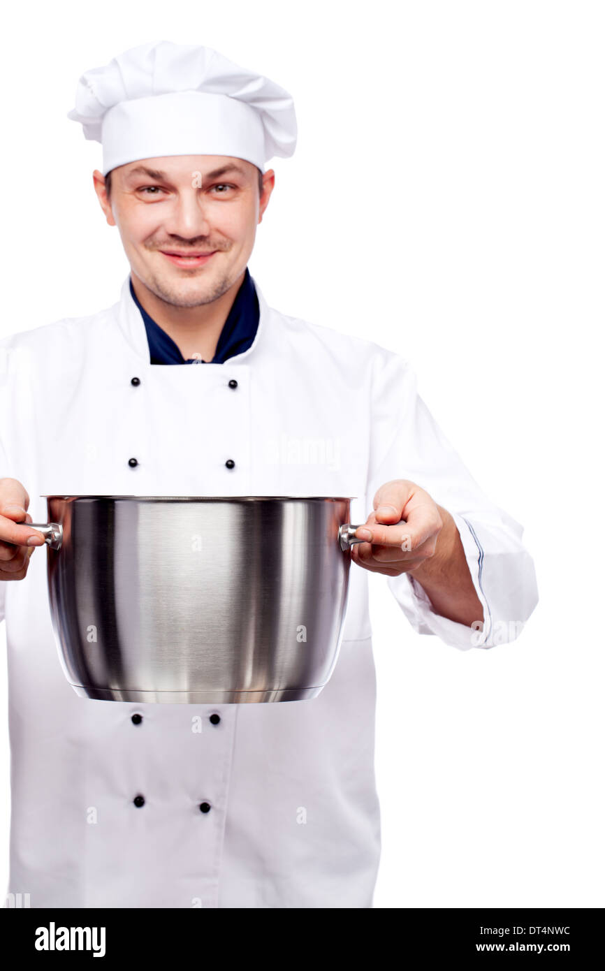 smiling chief holding metal pot in his hands isolated over white Stock ...