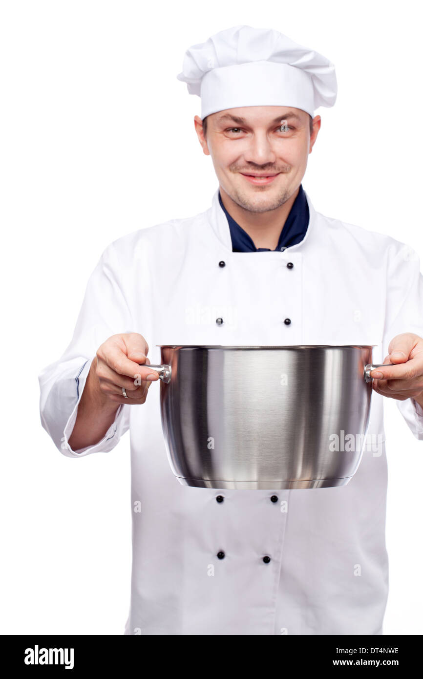 smiling chief holding metal pot in his hands isolated over white Stock ...