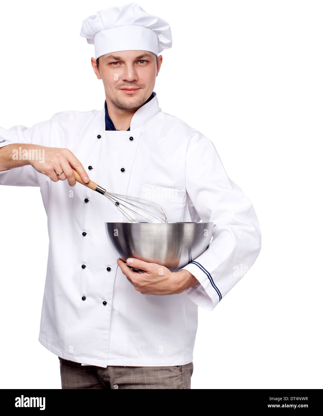 male chef with whisk and mixing bowl on white background Stock Photo ...