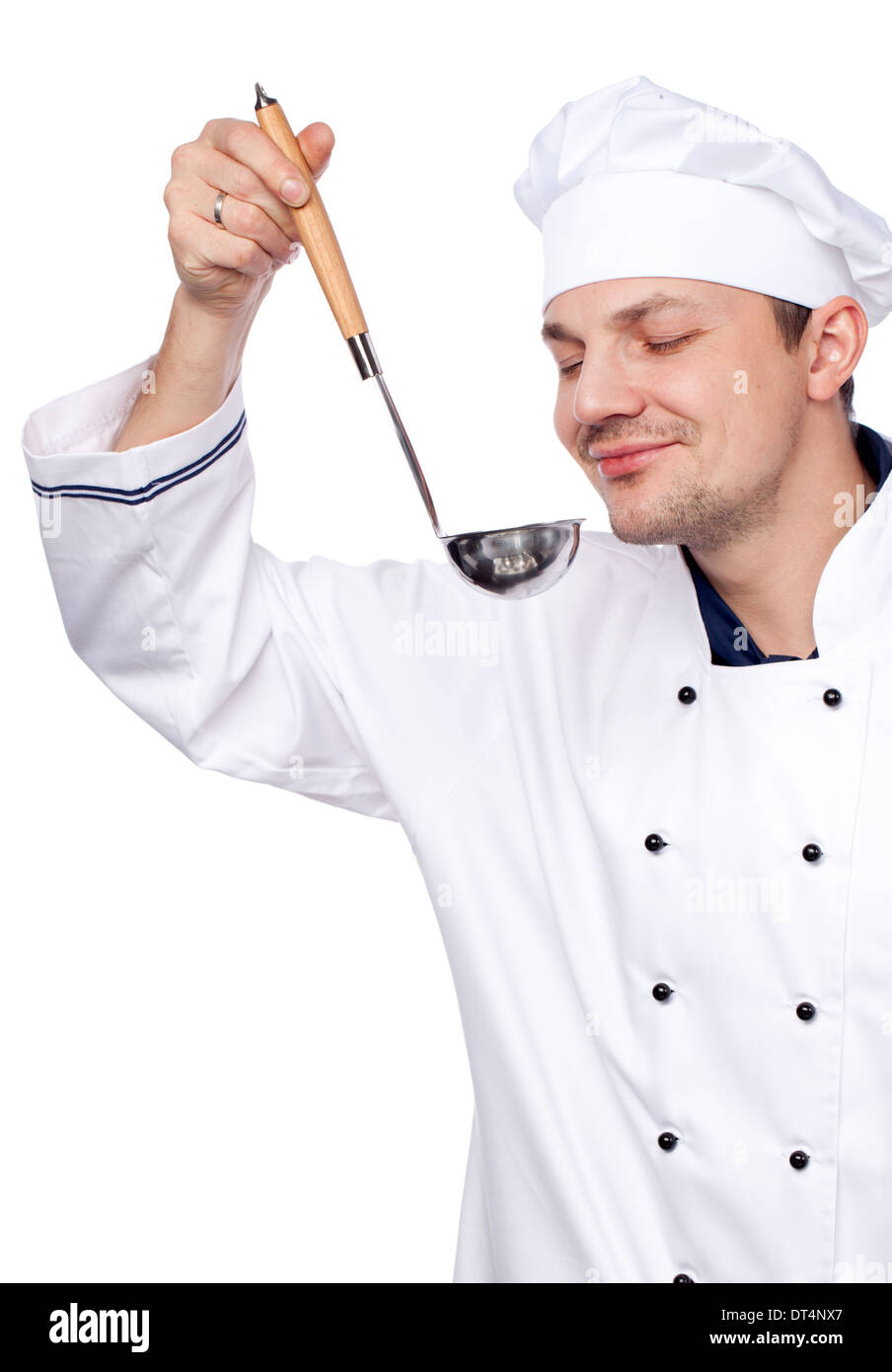 Smiling chef in uniform holding soup ladle on white background Stock ...