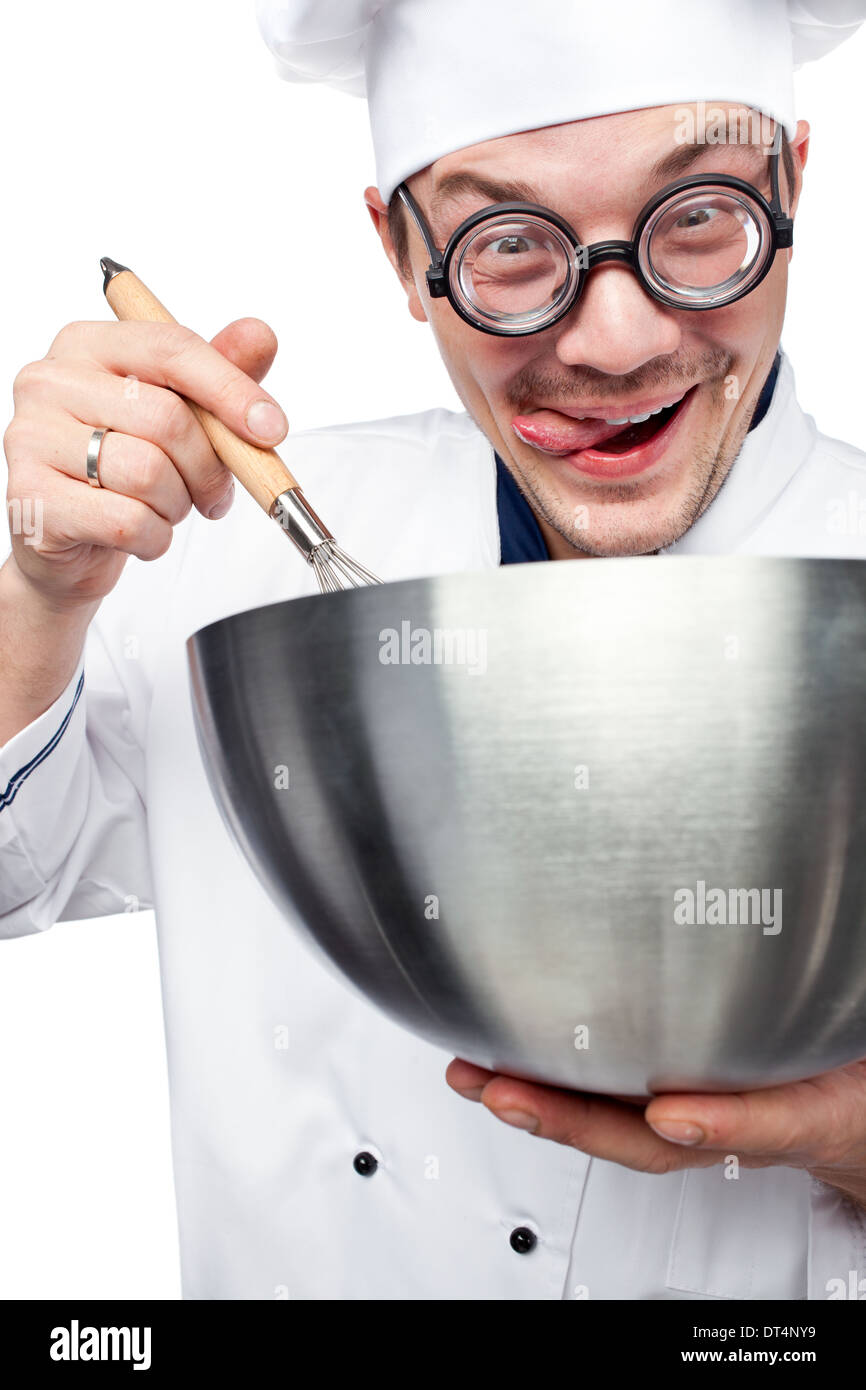 Happy male chef with whisk and mixing bowl on white background Stock ...