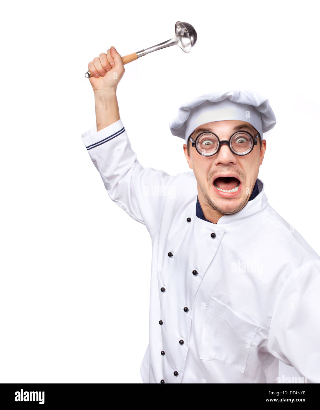 image of funny chef with ladle in glasses on white background Stock ...