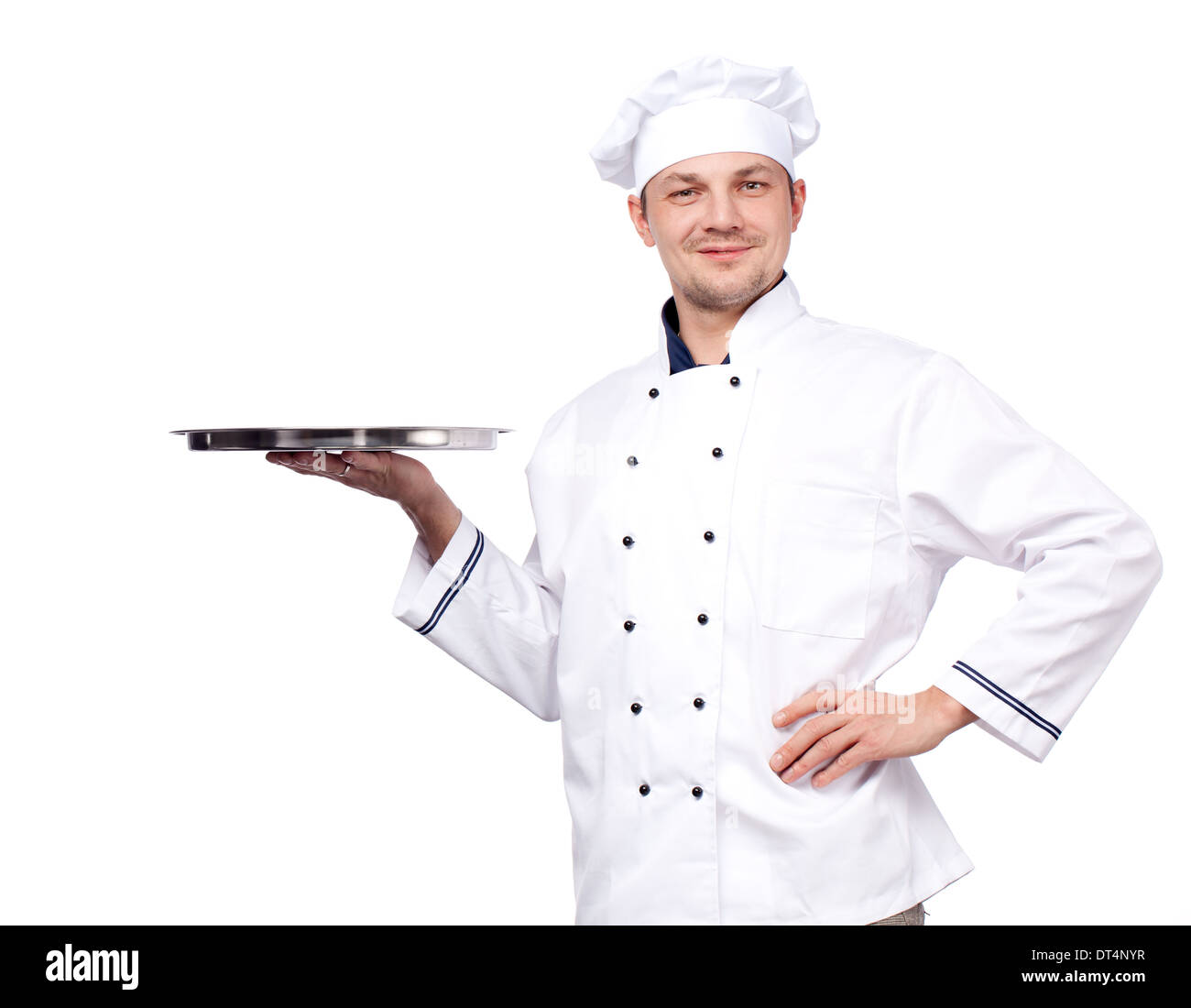 Portrait of professional chef holding empty tray, isolated on white ...